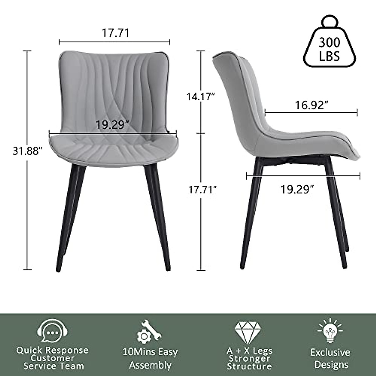 YOUTASTE Grey Dining Chairs Set of 2 Faux Leather Upholstered Kitchen Dining Room Chairs Mid Century Modern Metal Legs Chairs High Back for Kitchen Restaurant Living Room Bedrooms