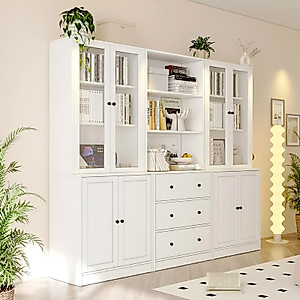 TUSY 71" Bookshelf Bookcase, 3-Tier Modern Bookshelves 3 Large Drawer, Wood Filing Cabinet with Open Storage Shelf, Glass Doors 5-Tier Fixed Storage Shelves for Home Office