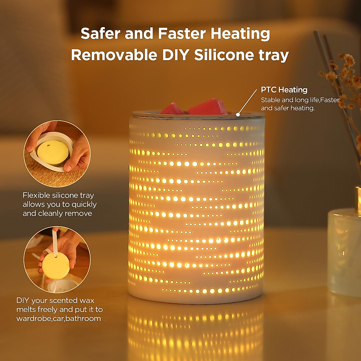 Enaroma Wax Melt Warmer Ceramic Oil Burner with Led Coloful Changing Electric Candle Wax Melter with Silicone Removeable Tray Liners for Home Office Bedroom