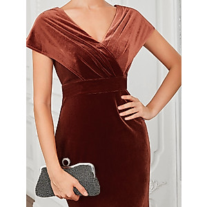 Ever-Pretty Women's Deep V-Neck Cap Sleeves Open Back Memaid Velvet Wedding Guest Dresses Maroon US4