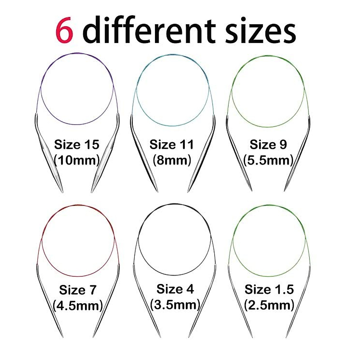 Circular Knitting Needles Set Round Needle Metal Magic Loop 40 Inch Size 15 13 11 10 8 7 6 5 4 1.5