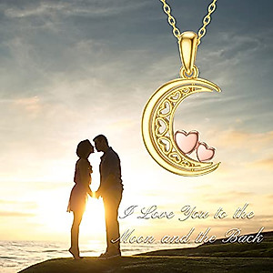 14K Gold Moon Hearts Necklace for Women, Rotating Moon Design, Real Gold Love Heart Moon Pendant Jewelry Mothers for Her, Wife, Mom 18 Inch