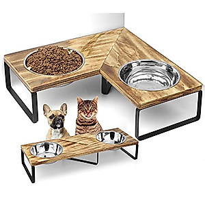 Cat Bowls Elevated Raised Cat Dog Bowl Stand with 2 Stainless Steel Cat Food Bowls for Cat Food and Water Bowls to Cats Small Dog Two Splicing Methods Carbonized Black