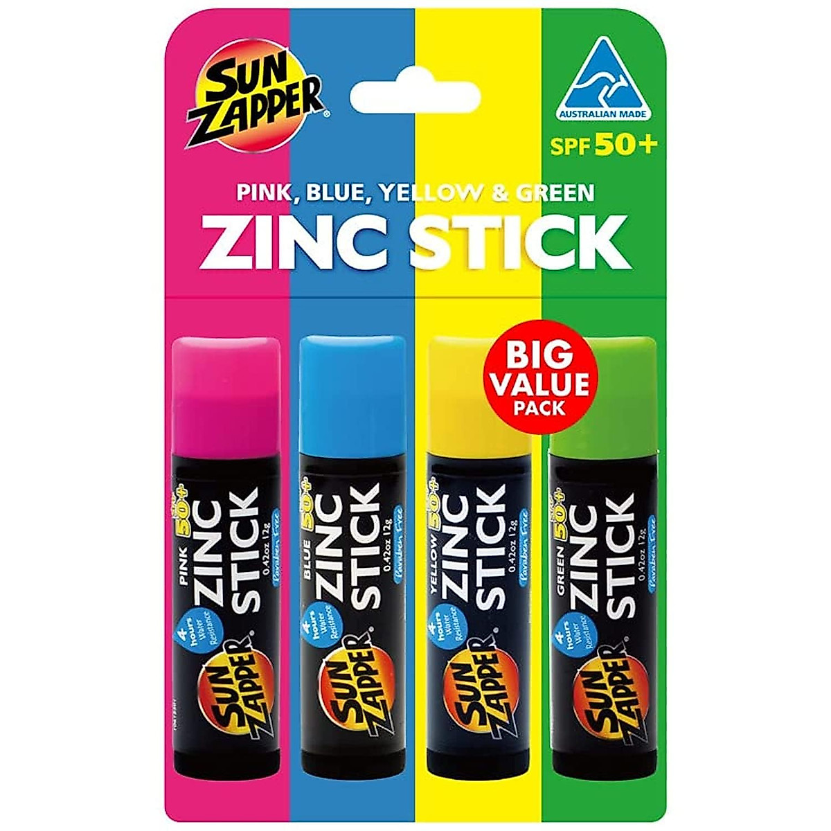 Sun Zapper Zinc Oxide Mineral Sunscreen Stick – SPF 50+ Water Resistant – 4-Pack (Pink, Blue, Green, Yellow) Rainbow Pack – For Face & Body – Made in Australia