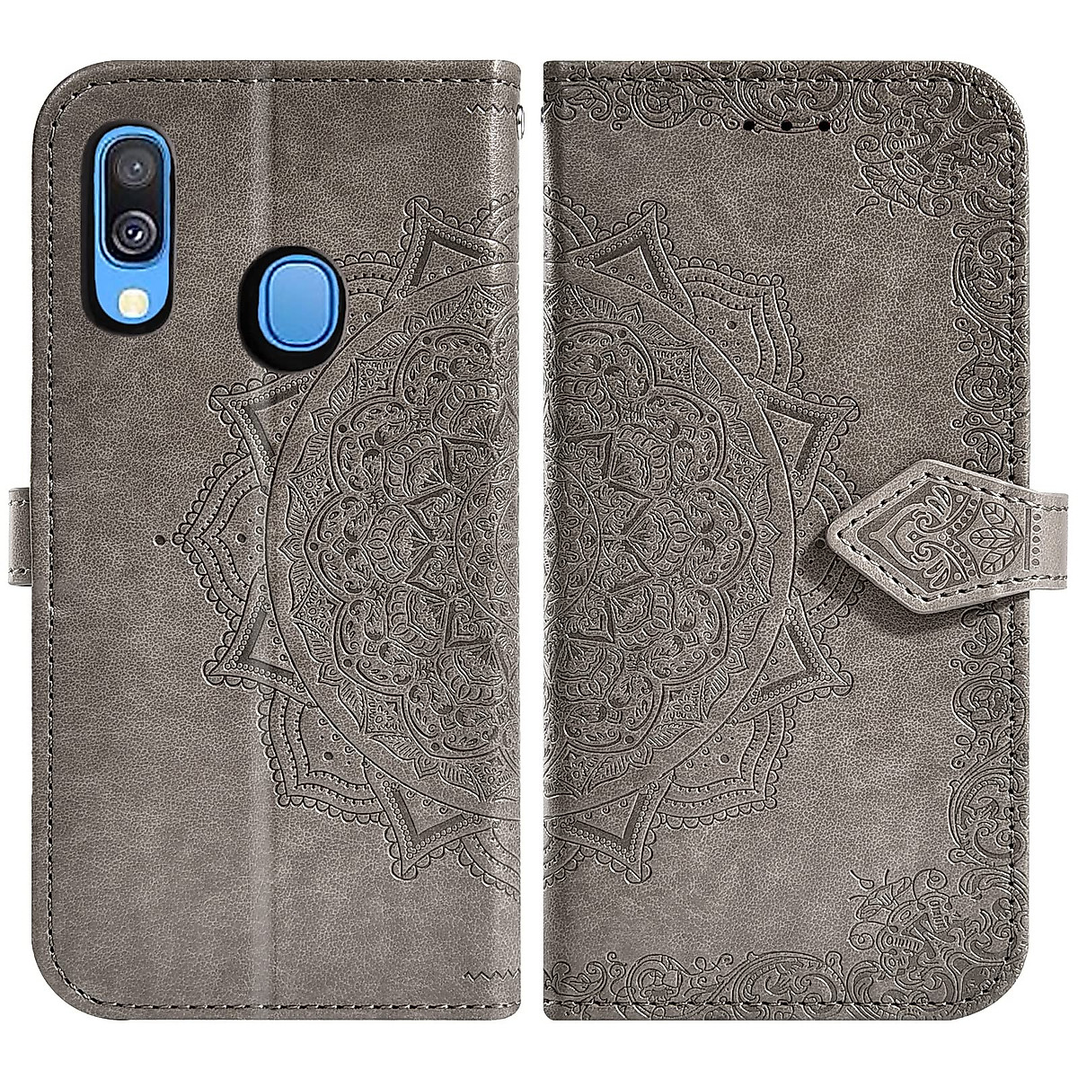 Compatible with Samsung Galaxy A40 Wallet Case and Tempered Glass Screen Protector Leather Mandala Flower Flip Cover Credit Card Holder Stand Cell Phone Cases for Glaxay A 40 Gaxaly 40A Women Men Gray