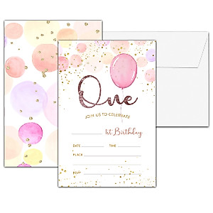 Chuxvon 1st Birthday Party Invitations, Balloon Glitter Birthday Invitations, Double-Sided Fill In Birthday Invites, Birthday Party Favors Decorations Supplies, 20 Cards With 20 Envelopes(Invite-A04)