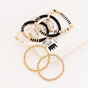 Pychee Surfer Heishi Bracelets Set for Women Stackable Gold Clay Ploymer Bead Stretch Bracelets Summer Beach Layering Black Bracelets Jewelry (A-black&white 7pcs)