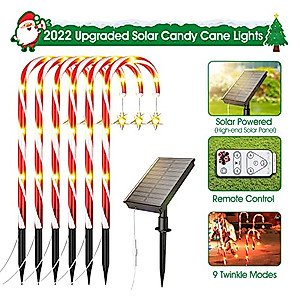 BUCASA 12 Pack Christmas Decorations Outdoor Solar Candy Cane Lights, Upgraded Waterproof Solar Pathway Markers Yard Lights with Star & Remote Control, 9 Modes Xmas Decorations for Garden Yard Decor