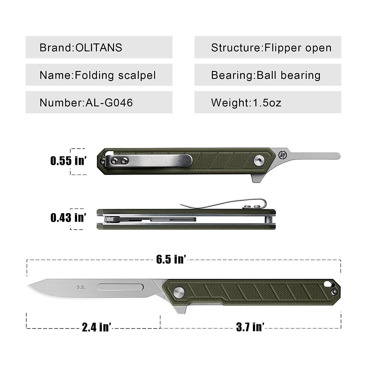 OLITANS G046 Mecha Mini Slim Folding Scalpel with 5pcs #24 and 5pcs #60 G14 Handle with Liner Lock, Utility EDC Pocket Knife with Back Clip（Green）