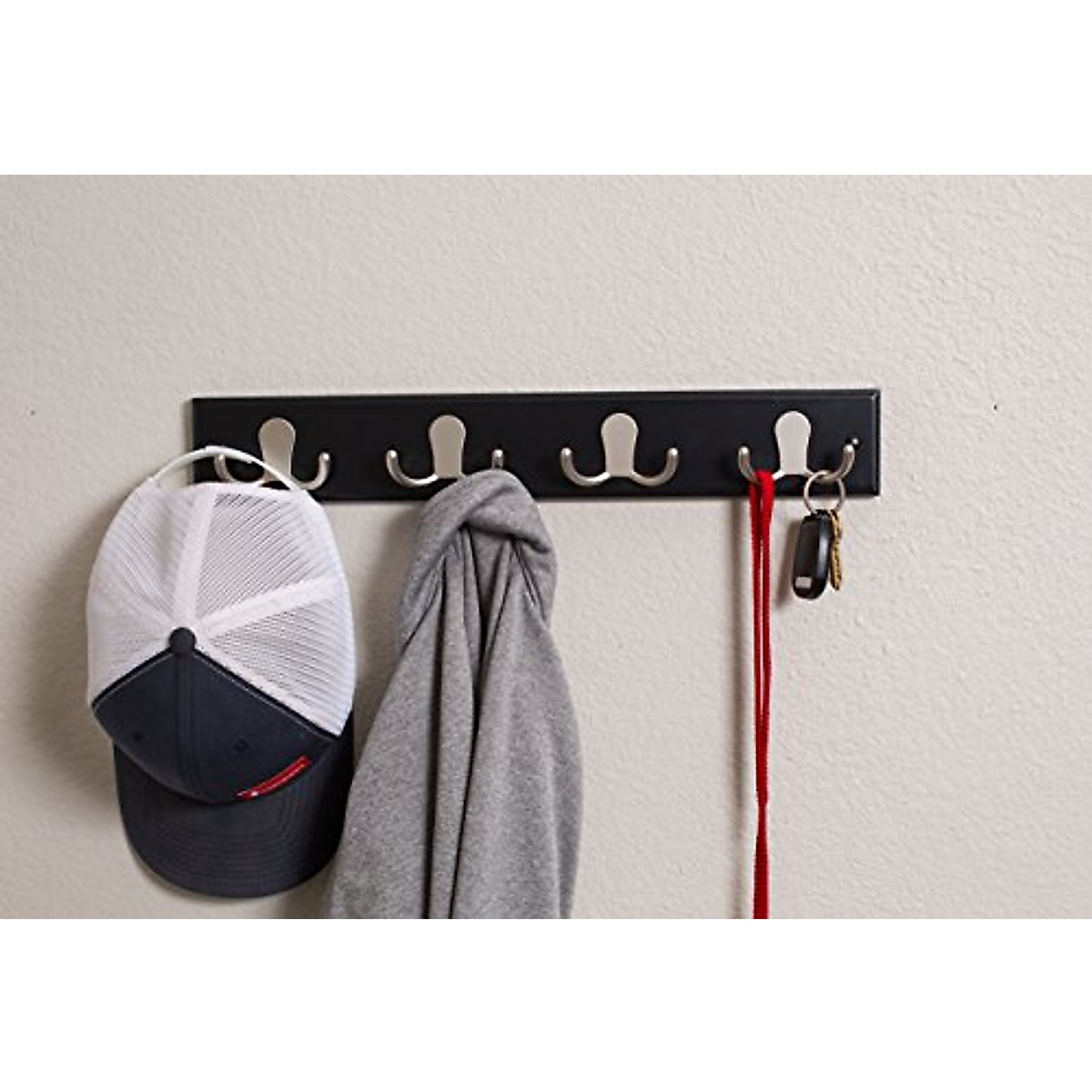 BirdRock Home Dual Hook Coat and Hat Rack - 4 Dual Hooks - 17 Inches - Wall Mount - Decorative Home Storage - Entryway Foyer Hallway Bathroom Bedroom Rail - Satin Nickel Hooks - Black Pine Bathroom Ra