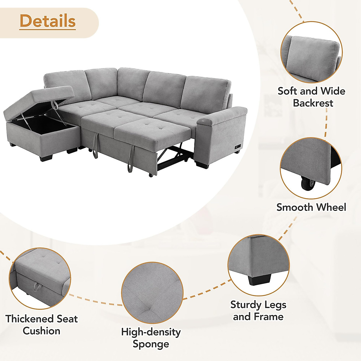 Ball & Cast 85" Sectional Sofa W/Movable Storage Ottoman,Velvet L-Shaped Corner Couch with Hidden Arm Storage & USB Charge,for Living Room,Bedroom,Gray