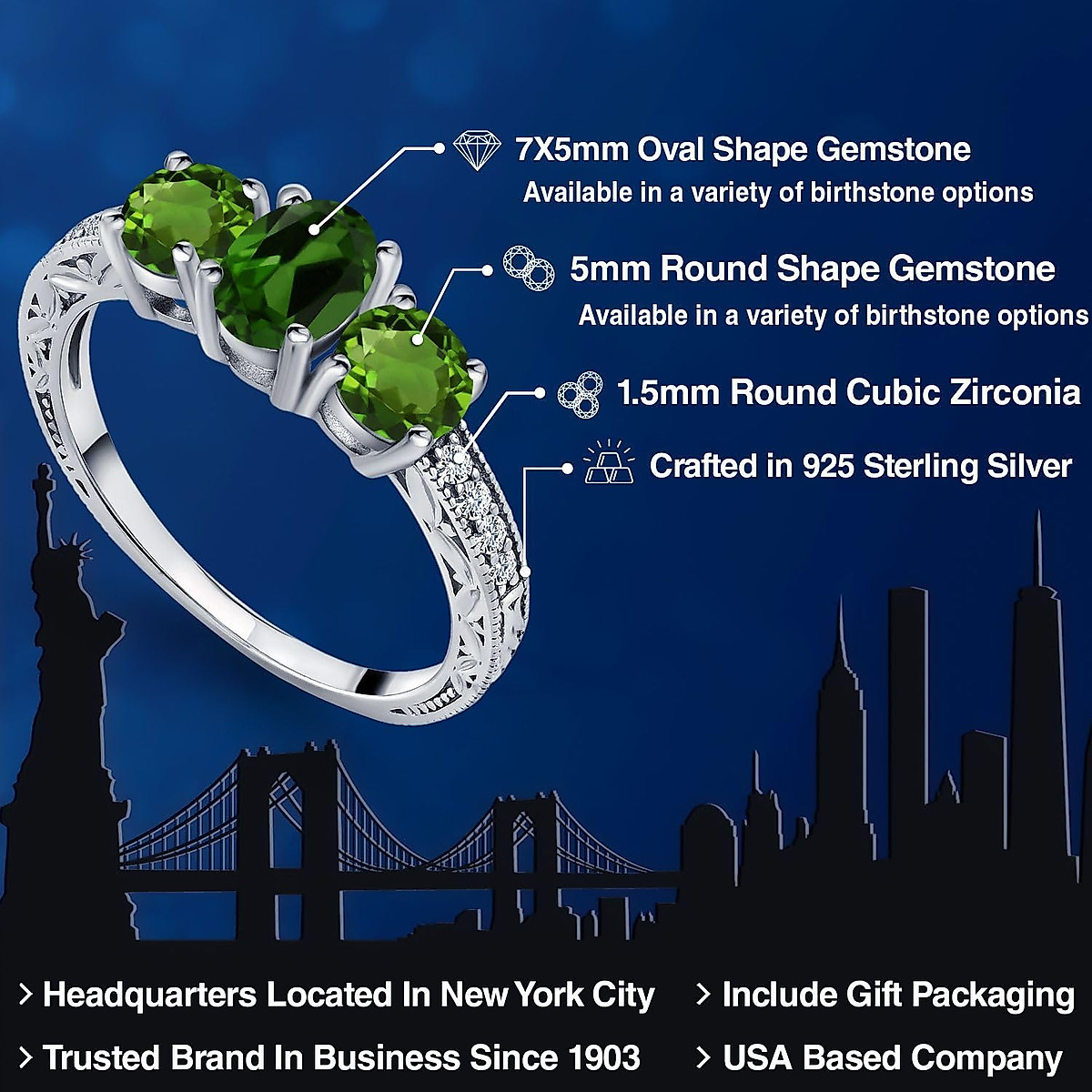 Gem Stone King 925 Sterling Silver Green Chrome Diopside 3-Stone Engagement Ring For Women (1.82 Cttw, Available 5,6,7,8,9) (Size 8)