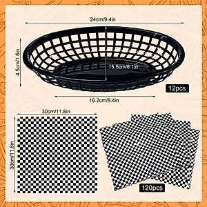 Rainmae Plastic Food Baskets with Parchment Paper Liners, 12 Fast Food Baskets with 120 Deli Paper Sheets, Bread Basket, Candy Fruits basket, Plastic Baskets, Restaurant Baskets for Food - Retro Style