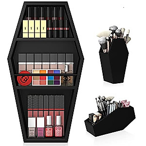 AKTOP Makeup Coffin Shelf with 2 Coffin Brush Holder, Large Gothic Makeup Organizer for Spooky Room Decor, Wall Mounted or Free Standing Coffin Makeup Holder Horror Decor for Bedroom or Bathroom