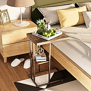 Easy Paws C Table End Table, Couch Side Table, C Shaped End Table for Sofa, Small Side Table Rustic Snack Table for Small Spaces, Living Room, Bedroom(Brown)…