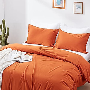 NexHome Burnt Orange Queen Washed Cotton Duvet Cover Set with Zipper Closure Soft Double Solid Blue Grey Color Bedding Duvet Cover 90x90 inches and Pillow Sham for All Seasons