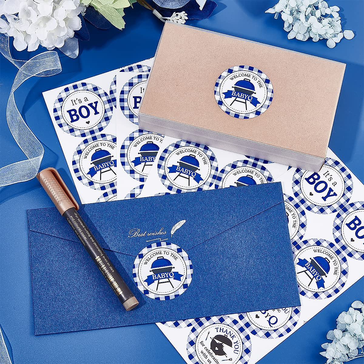 48PCS Baby Q Stickers, BBQ Baby Shower Decorations, Baby Que Baby Shower Stickers Party Favors Baby Q Thank You Stickers Blue Boy Baby Shower