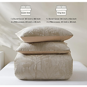 TUMEI Duvet Cover King, Jaguard Floral Duvet Cover King Size, Linen Cotton Blend Floral Leaf Patten Duvet Cover Set with Zipper and 2 Pillowcases, Soft and Breathable Khaki Bedding Set (No Comforter)