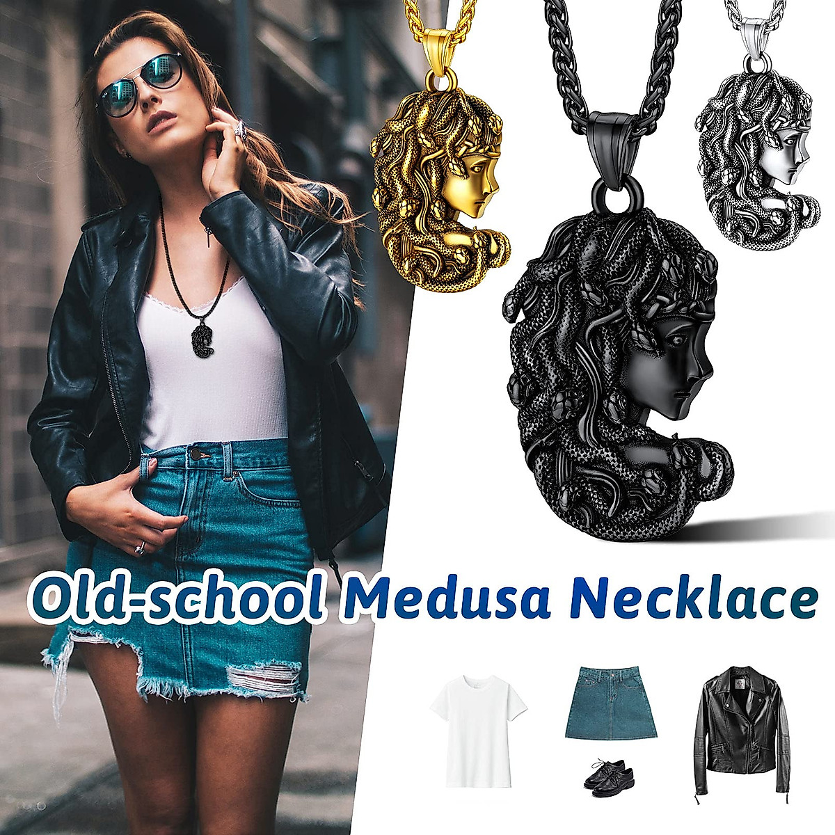 FaithHeart Womens Medusa Snake Necklace Gold Plated Greek Culture Jewelry Goth Snake Head Pendant Neck Charms for Male