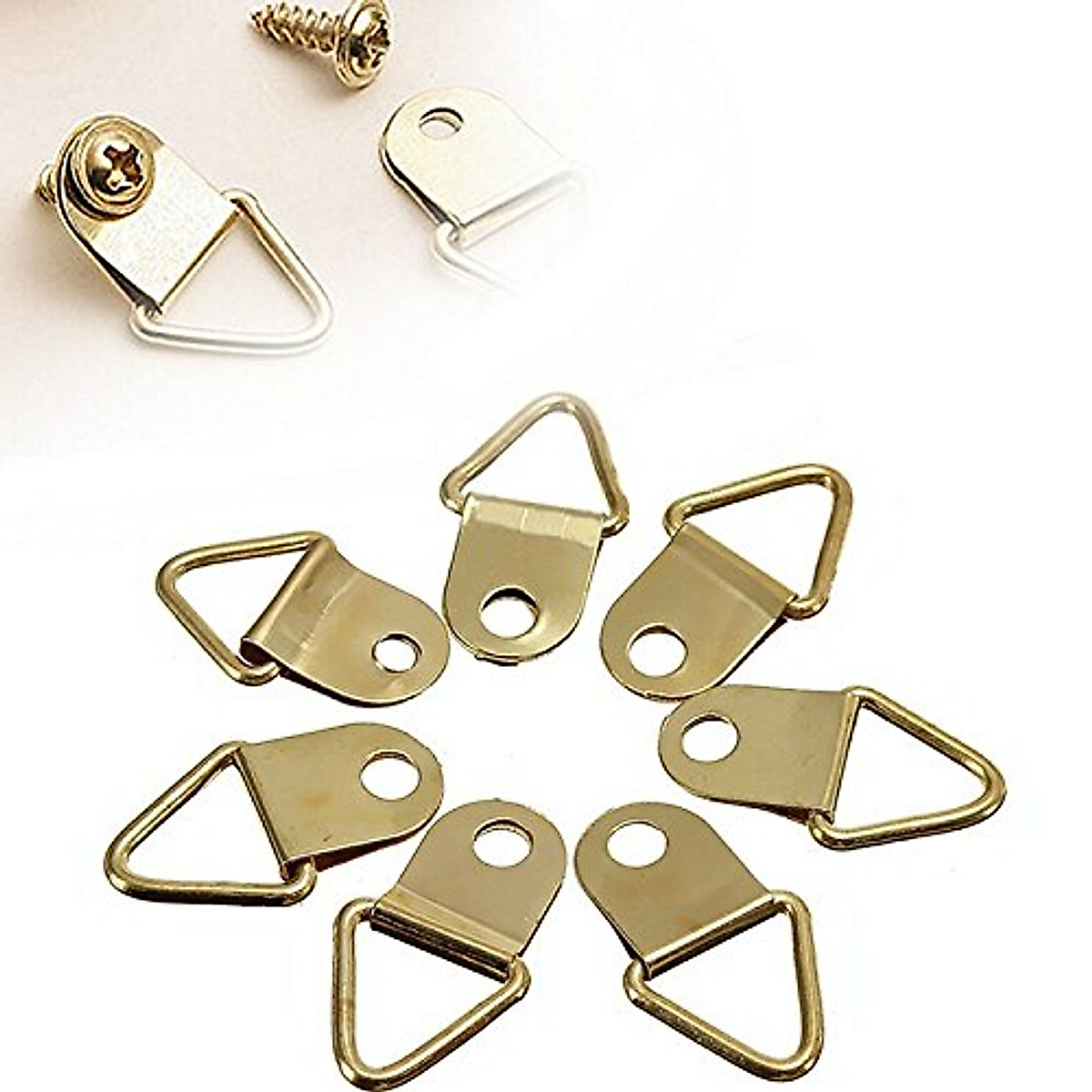 Ioffersuper 200Pcs/Pack Golden Brass Triangle Photo Picture Frame Wall Mount Hook Hanger Ring (20 pcs)