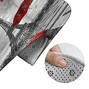 WONDERTIFY Eiffel Tower Flying Umbrellas Bathroom Antiskid Pad Rainy Romantic Paris 3 Pieces Bathroom Rugs Set, Bath Mat+Contour+Toilet Lid Cover Black White Red