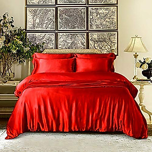 Bed Linen Bedding Sheet Set with Duvet Set | 100% Pure Silk Satin Sheet Set 7pcs Silk Fittef Sheet 15'' Deep Pocket, Silk Flat Sheet, Silk Duvet Cover & Pillowcases Set(King Red)