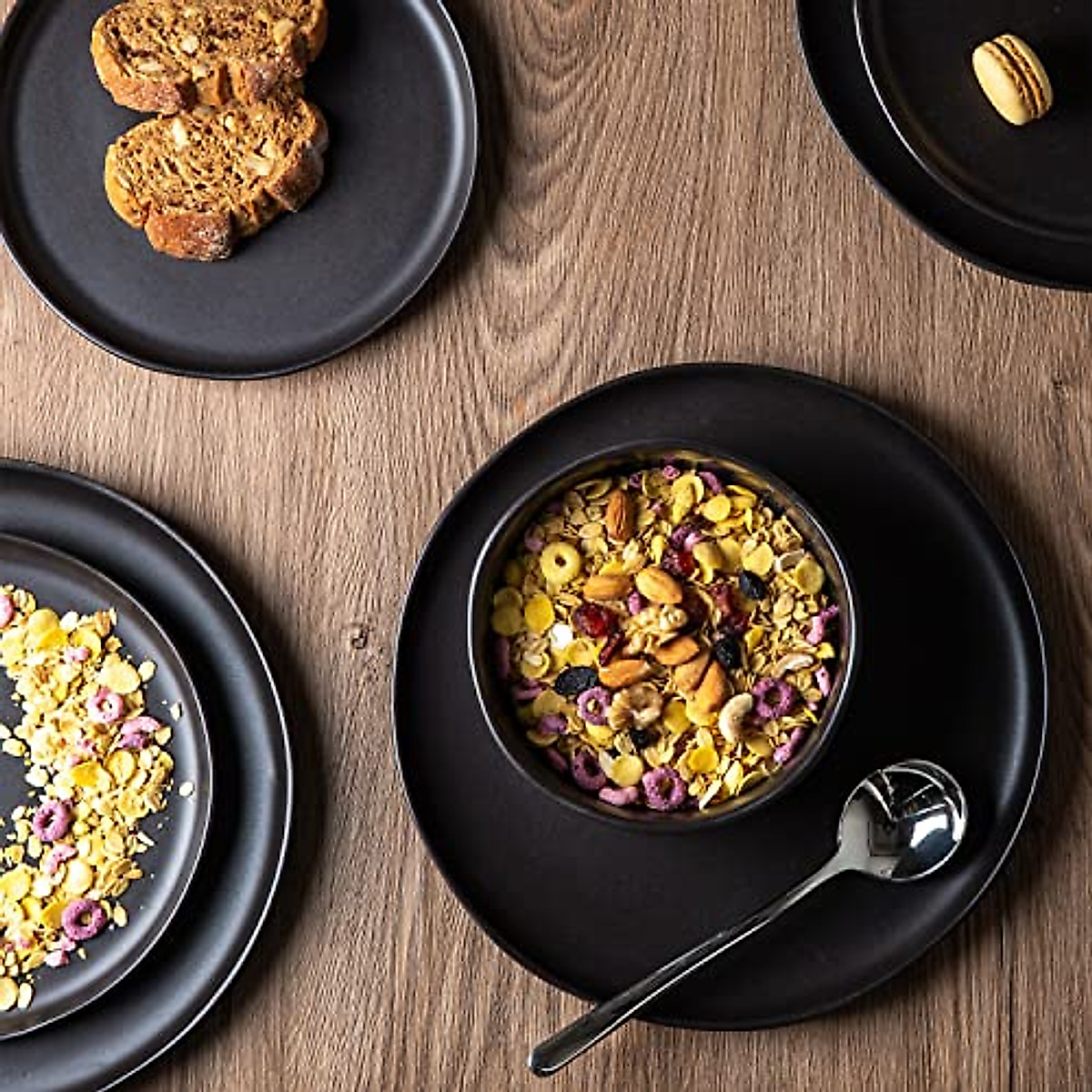 AmorArc Stoneware Cereal Bowls for Kitchen, 28oz Large Ceramic Soup Bowls Set of 4 for Meal, Chip-Resistant Kitchen Bowls with Wavy Rim, Reactive Glaze-Matte Black