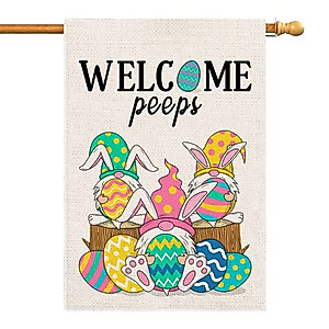 Ksoemar Easter Flag 28 x 40 Double Sided, Welcome Peeps Bunny Gnomes Easter House Flags, Large Burlap Yard Flag,Spring Gnomes Eggs Rabbit Welcome Easter House Decoration
