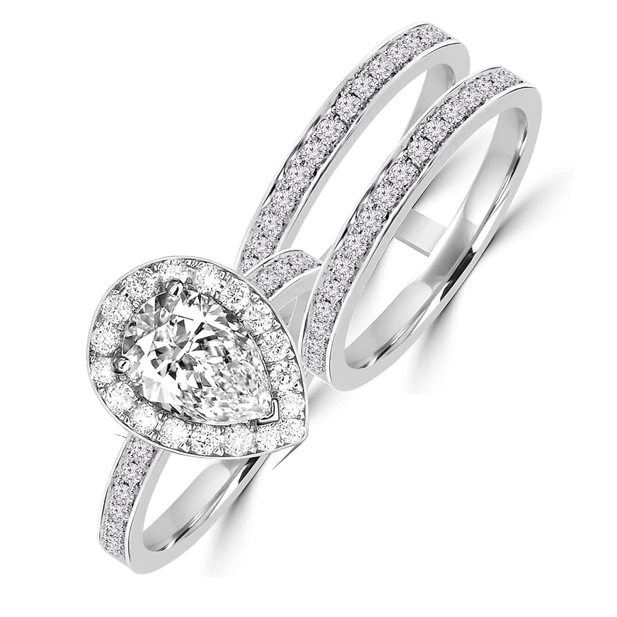 Diamonbella Realistic Simulated Diamond Pear Shaped Halo Ring Double Band Set 2 Carat Solid 925 Silver Platinum Plated DBP65
