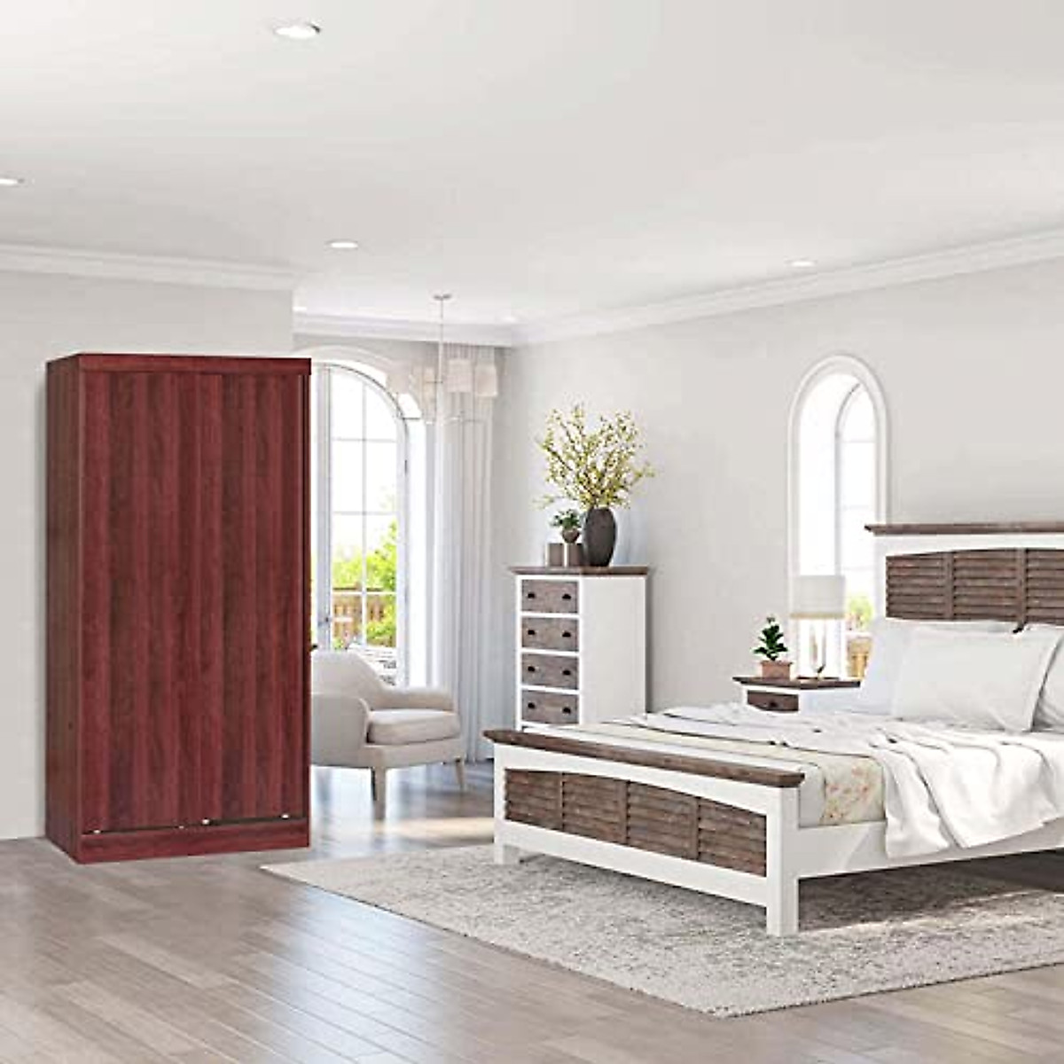 Better Home Products Modern Wood Double Sliding Door Wardrobe Mahogany