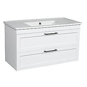 Sample of Cabinet Finish | Modern Wall-Mounted Bathroom Vanity with Washbasin | Palm Beach White High Gloss Collection | Non-Toxic Fire-Resistant MDF-Omega Collection R-line 24"