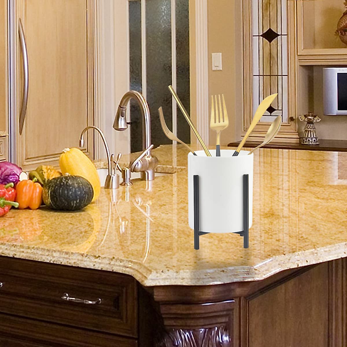 MONOSUGO Small Utensil Holder for Kitchen Countertop, Flatware Organizer for Dining Table, SAMAZAMA Ceramic Utensil Caddy Crock with Gold Trim, Kitchen Decor, Set of 2