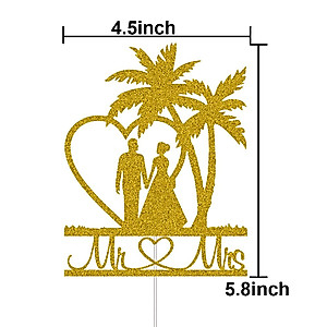 Funny Wedding Cake Topper Tropical Palm Tree Hawaii Beach Themed Wedding Party Supplies Bride & Groom with Hand in Hand Travel Theme Party Decors Gold Glitter