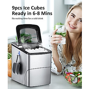 26Lbs Ice Maker Countertop, 9 Ice Cube Ready in 6 Mins, 26Lbs/24H, Self-Cleaning Ice Maker Machine, 2 Sizes Ice Cube Portable Ice Maker, Ice Scoop/Basket/Hook/5pcs Ice Bags, for Home Camping Party RV