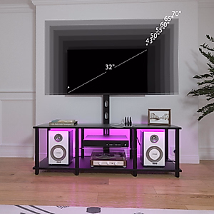 TV Stand with Mount and Led Light，Black TV Stand with Power Outlets for 32/40/43/50/55/60/65/70 Inch TV,Entertainment Center with Storage Shelf for Bedroom/Living Room/Office