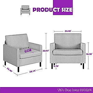 TYBOATLE Modern Upholstered Linen Fabric Accent Arm Chairs, Living Room Single Sofa Chair with Metal Legs, Comfy Reading Lounge Armchair for Small Spaces, Apartment, Bedroom, Office (Light Grey)