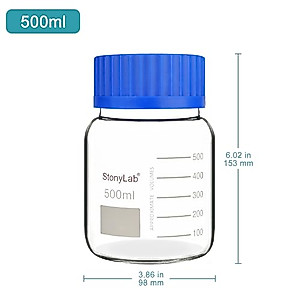 stonylab Graduated Storage Bottle, Premium Glass Round Bottom Reagent Bottle with GL80 Screw Cap, High Transparency Wide Mouth Media Storage Bottle with Clear Scale, 500 ml