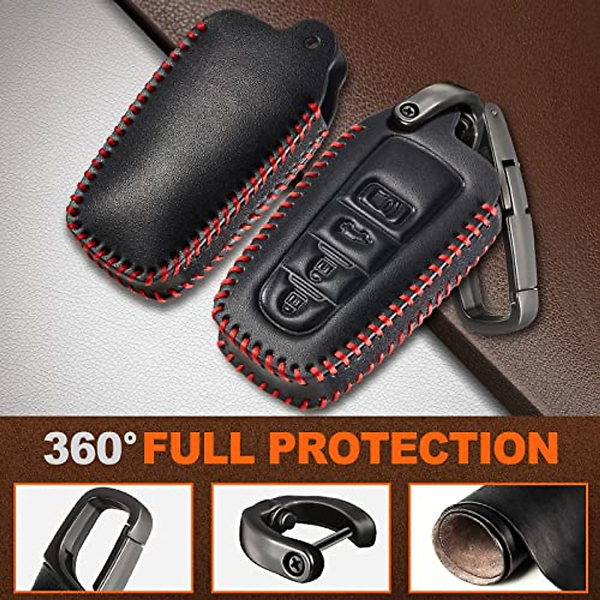 Slohif for Toyota Leather Key Fob Cover Accessories for 2018-2022 Camry RAV4 Highlander Avalon C-HR Prius Corolla GT86 4 Buttons, Leather Case+D-Ring+Hook(Black)