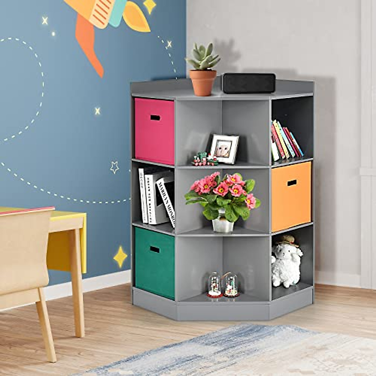 Costzon 9-Cubby Kids Bookcase with Extra Large Storage Baskets, Multi-Bin Children's Organizer Shelf with 6 Cubes and 3 Shelves, Wooden Storage Sideboard Suitable for Playroom, Decor Room (Gray)