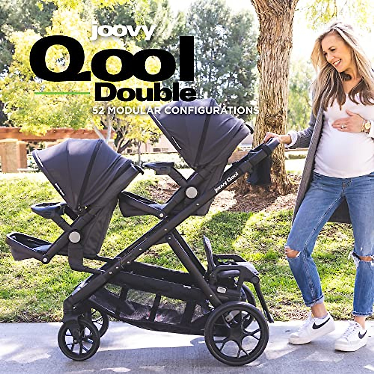 Joovy Qool Double Bundle Double Stroller with Reconfigurable Seats, Magnetic Safety Harness with Padding, UPF 50 Sun Canopy, and Large Storage Basket, Jet
