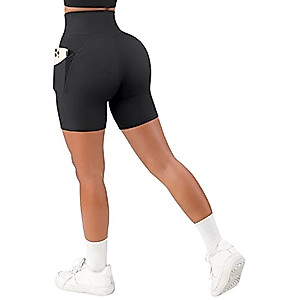SUUKSESS Women Cross Waist Workout Shorts with Pockets Ribbed High Waisted Booty Biker Shorts (#1 Black, M)