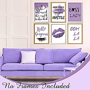 Clabby 6 Pieces Boss Lady Inspirational Wall Art, Motivational Saying Wall Poster, Typography Lady Art Print Wall Decor, Unframed Motivational Print for Women Bathroom Lash Room (Purple)