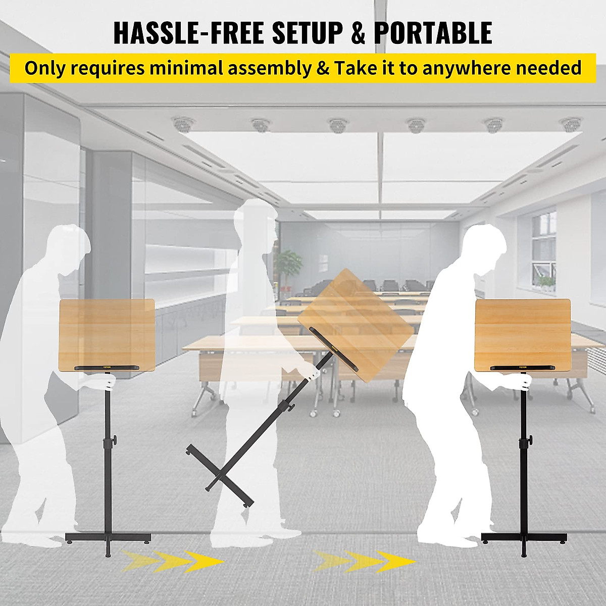 VEVOR Lectern Podium Stand, Height Adjustable Laptop Table, Portable Presentation Standing for Classroom, Office, Church, Tilting Desktop with Edge Stopper, Oak