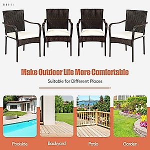 HAPPYGRILL 4 Pack Stackable Rattan Chairs Outdoor Patio Dining Chairs with Removable Cushions and Rustproof Steel Frame All-Weather PE Wicker Stacking Bistro Chairs for Balcony Garden Backyard
