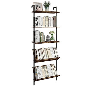 bukfen Ladder Bookshelf, 5 Shelf Modern Bookcase, Wall Mount Industrial Bookshelf, Open Wood Storage Shelves with Metal Frame for Bedroom Office, Rustic Brown