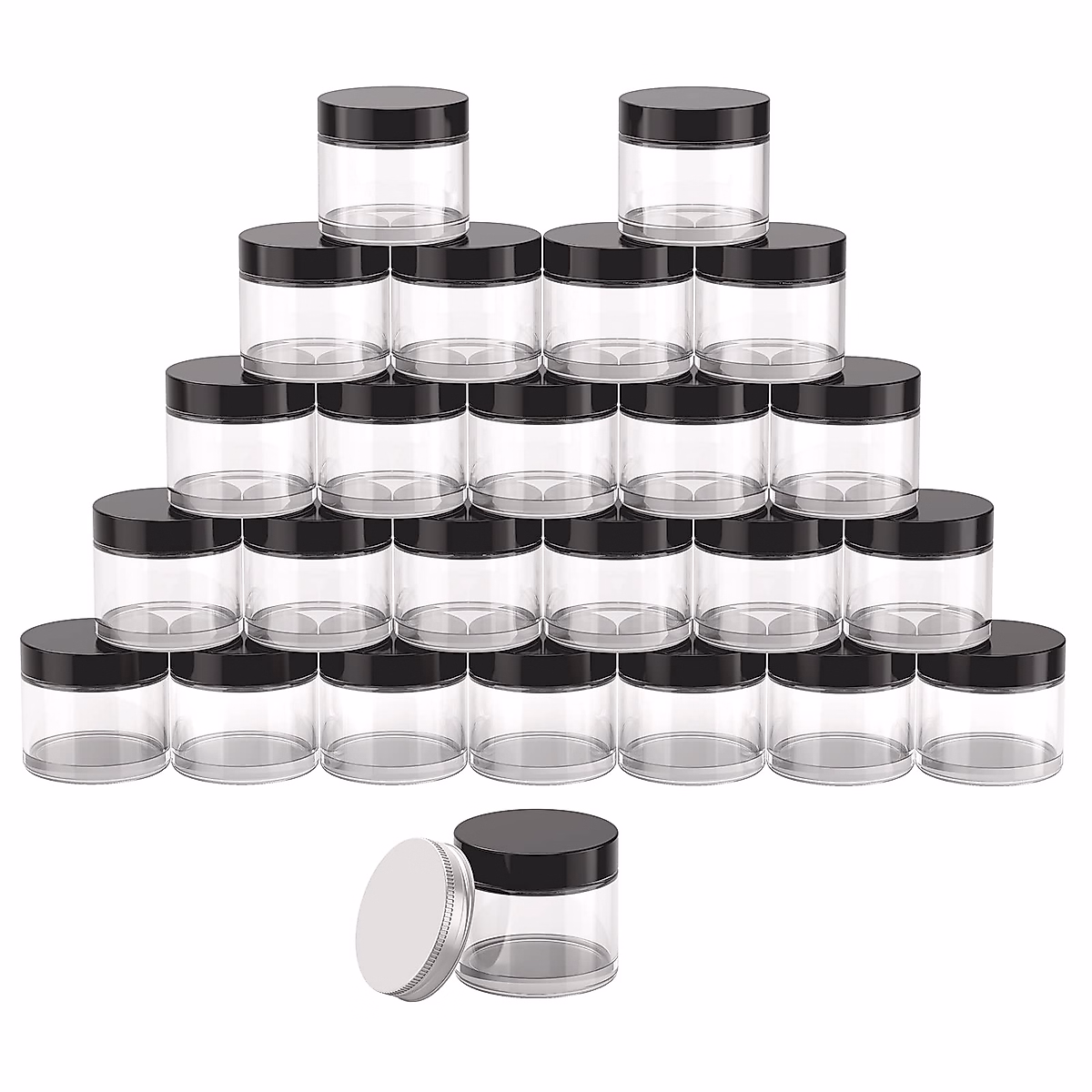 2 oz Clear Round Glass Jars (24 Pack), Empty Cosmetic Containers with Inner Liners and 24 black Lids & 24 Silver Lids for Slime, Beauty Products, Cosmetic, Lotion, Ointments and DIY