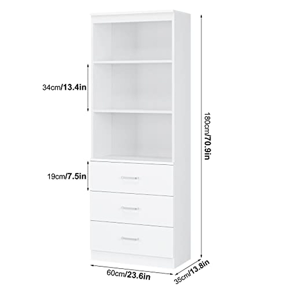 FOTOSOK 71 Inches Tall Storage Cabinet, Bookcase with 3 Drawers and 3-Tier Open Shelves, Wooden Bookshelf Storage Organizer for Living Room, Study, Kitchen, Home Office, White