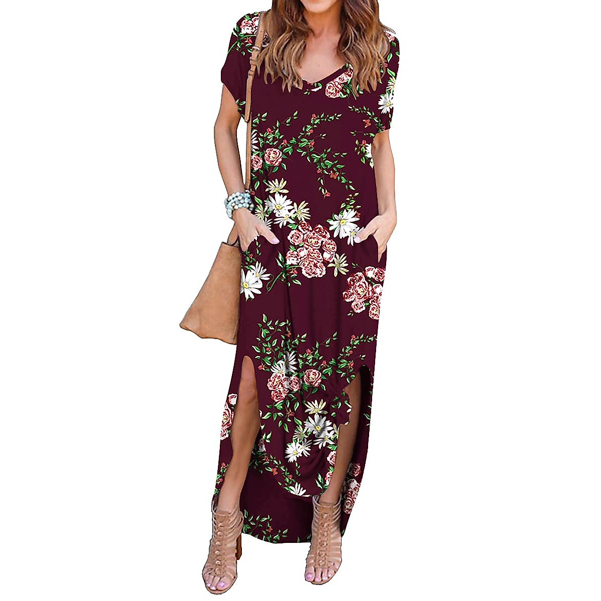 GRECERELLE Women Casual Sundresses Short Sleeve Shirt Dress Split Maxi Long Beach Dresses Travel Vacation 2024 Summer Outfits XL, Burgundy