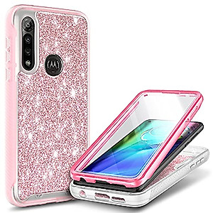 E-Began Moto G Fast Case with [Built-in Screen Protector], Full-Body Shockproof Protective Rugged Bumper Cover, Impact Resistant Case for Motorola Moto G Fast 2020 Release -Glitter Bling Rose Gold