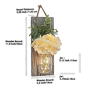 Mason Jar Sconces Home Design Wall Decor Remote Control Farmhouse Shabby Chic Living Room Kitchen Bedroom Bathroom Decoration with 6-Hour Timer LED Lights Flowers Silk Hydrangea Set of 2 Grey